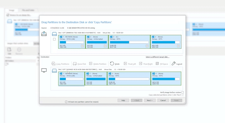 Managing Partitions in the Image Restore and Clone Wizards